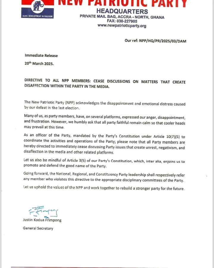 Stop divisive media discussions or face sanctions - NPP to Members ...