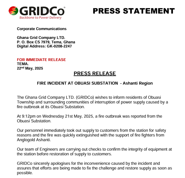 GRIDCo assures Obuasi of swift power supply after substation fire ...
