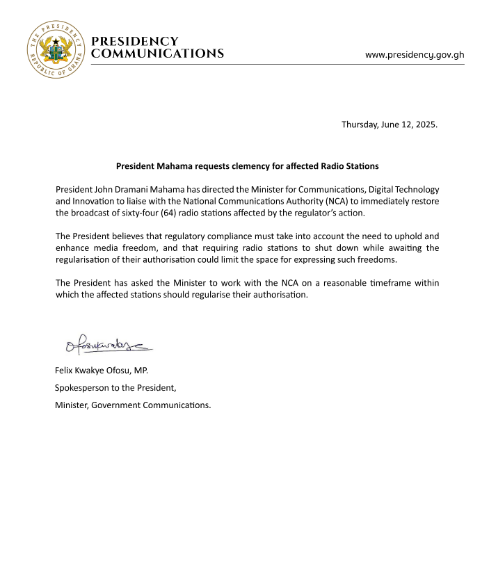 Mahama requests clemency for 64 radio stations shut down by NCA ...